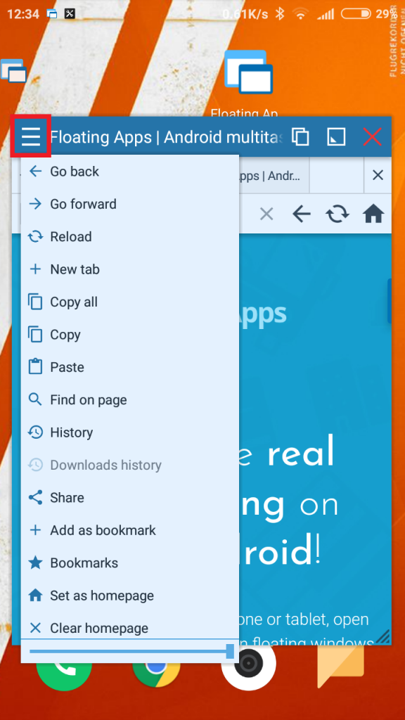 Working with multiple tabs of the floating browser – Floating Apps