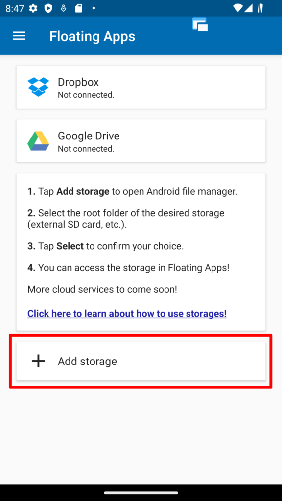 Accessing file system using Storages – Floating Apps