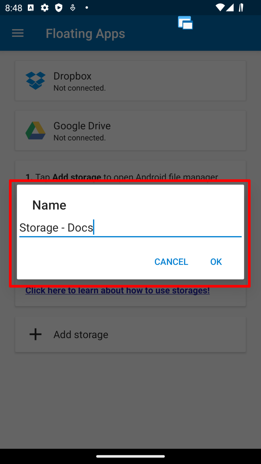 Accessing file system using Storages – Floating Apps