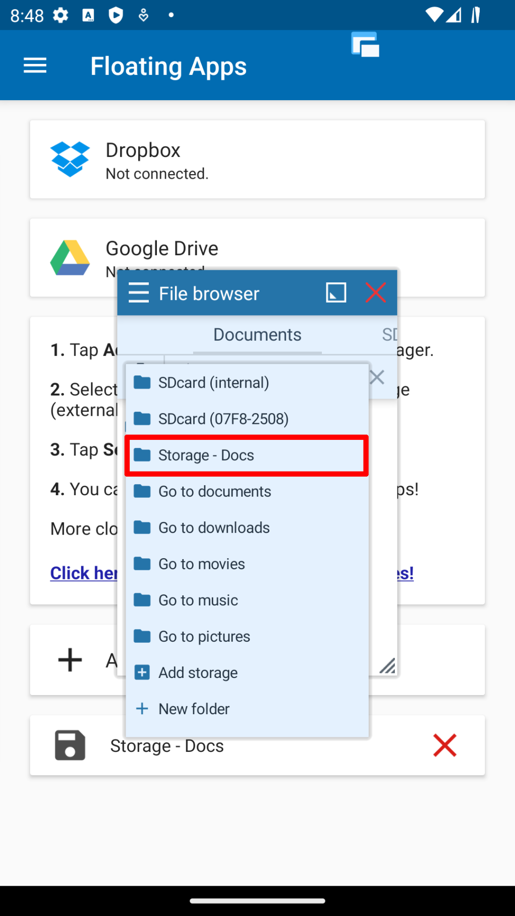 Accessing file system using Storages – Floating Apps