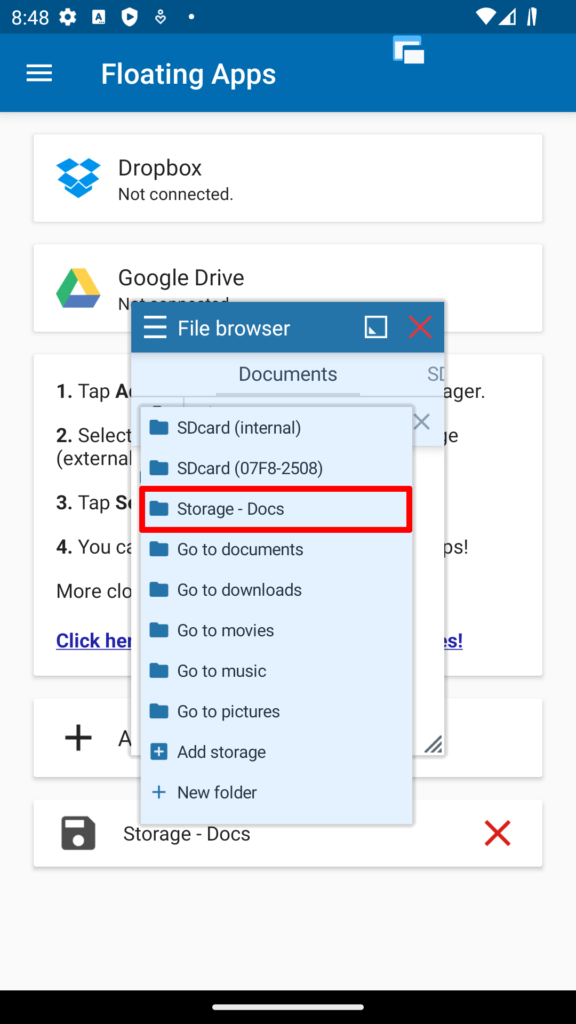Accessing file system using Storages – Floating Apps