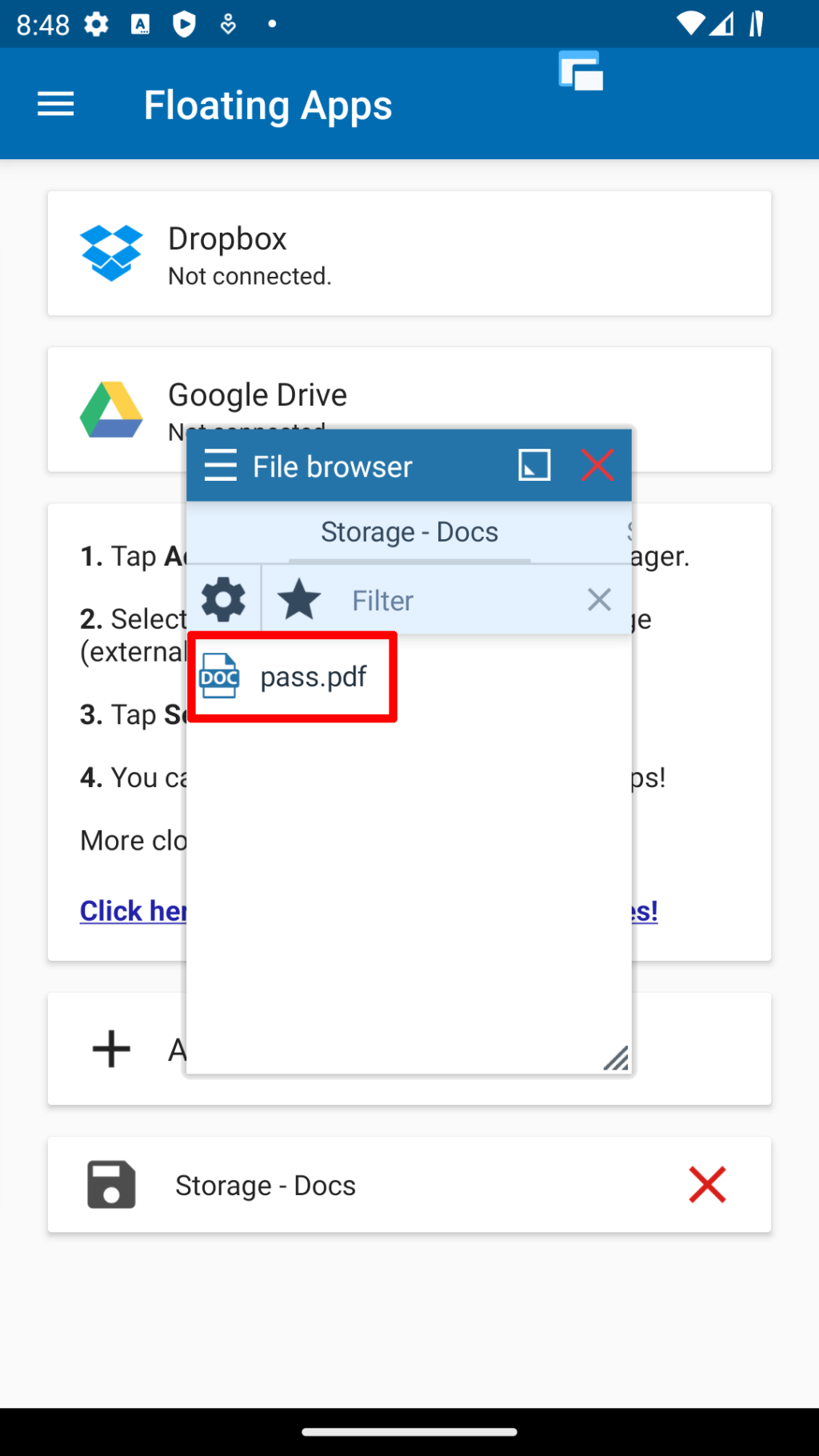 Accessing file system using Storages – Floating Apps